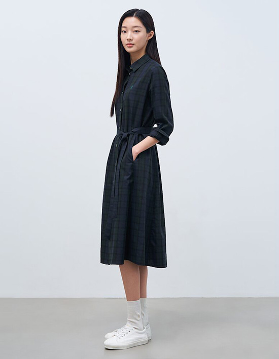 [빈폴레이디스] 헤릿 체크 핏 앤 플레어 셔츠 원피스 네이비 (택1) - 마켓컬리