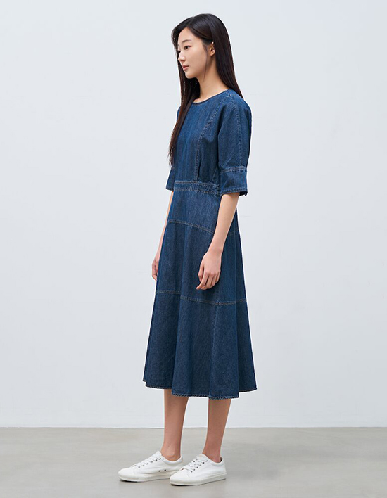 [빈폴레이디스] 헤지 데님 라운드넥 핏 앤 플레어 원피스 인디고블루 (택1) - 마켓컬리