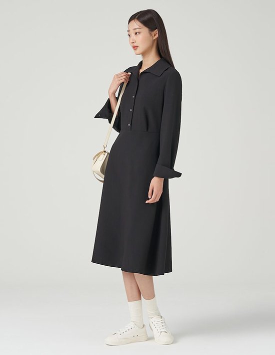 [빈폴레이디스] 오픈 칼라 핏 앤 플레어 원피스치마 블랙 - 마켓컬리